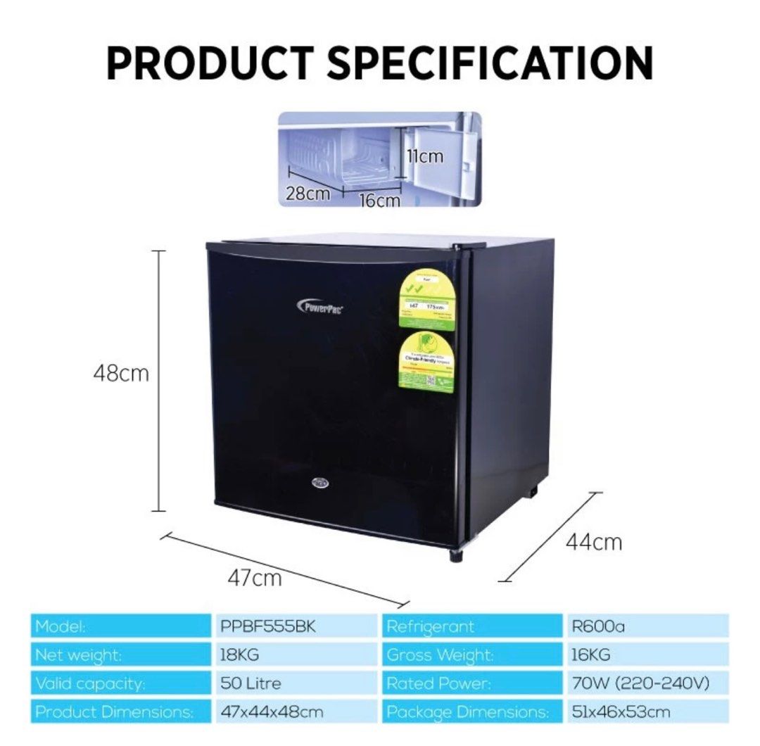 Powerpac Bar Fridge 50L with lock PPBF555A, TV & Home Appliances ...