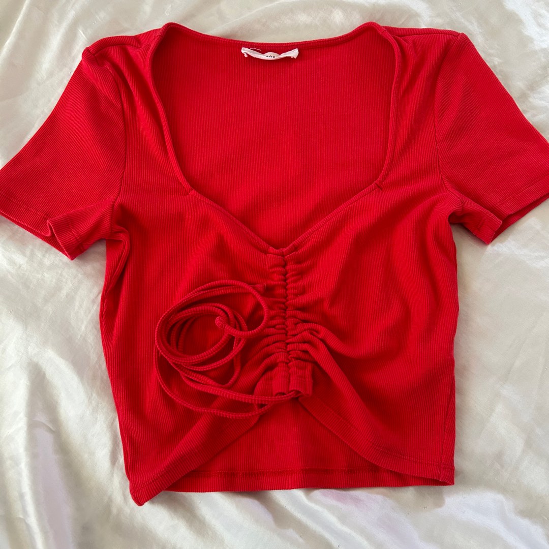 red cinched ribbed croptop, Women's Fashion, Tops, Others Tops on Carousell