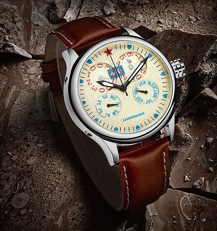 Red Star Glowly Date Luminous Cream Dial Automatic Watch Month Date Day ...