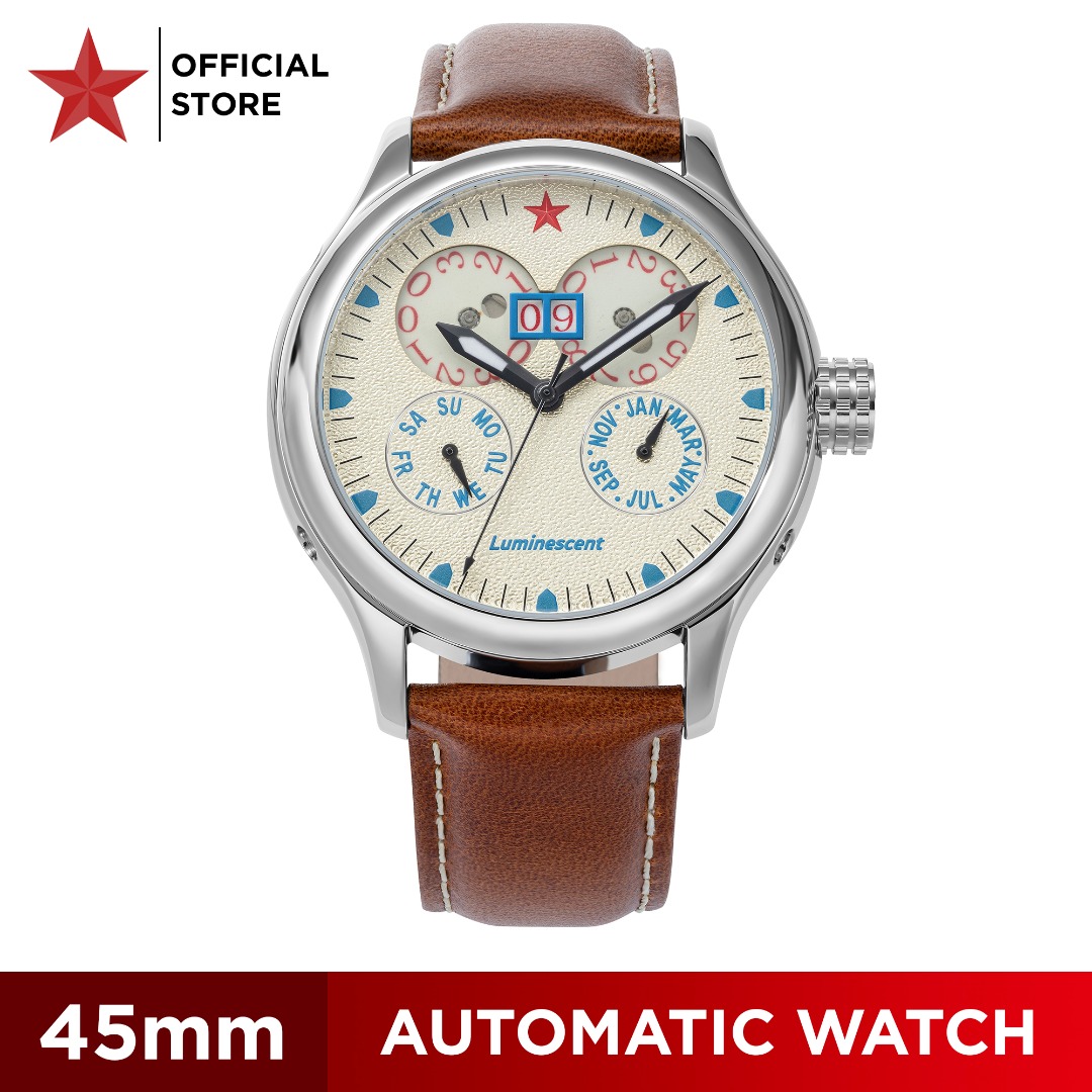 Red Star Glowly Date Luminous Cream Dial Automatic Watch Month Date Day ...