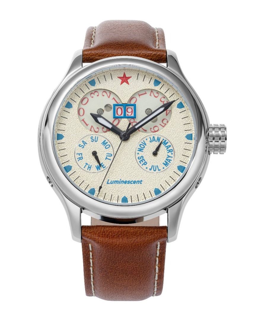 Red Star Glowly Date Luminous Cream Dial Automatic Watch Month Date Day ...