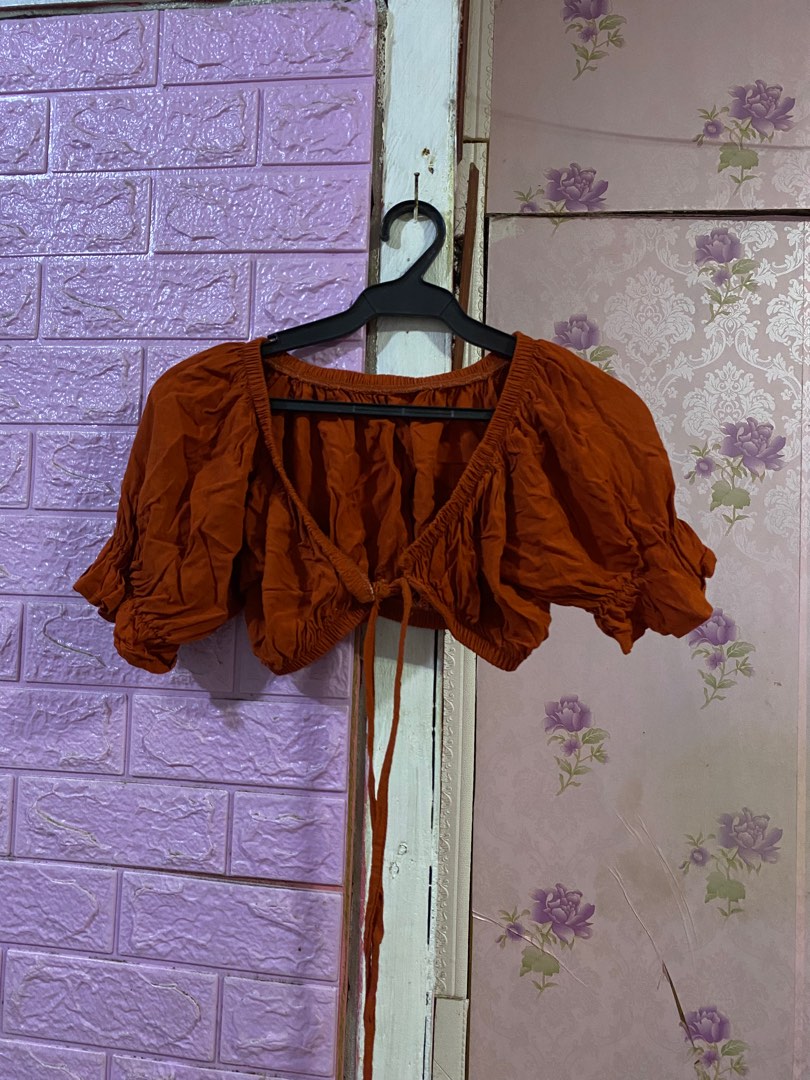 Rust/Red Tie Front Puff Sleeves Crop Top Women And Ladies, Women's ...