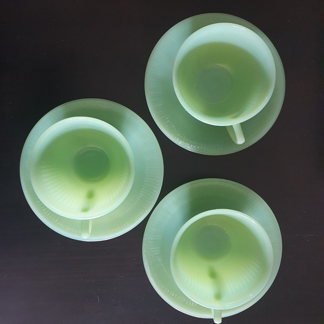 (Set of 3) Cups and saucers, jade coloured, Furniture & Home Living ...