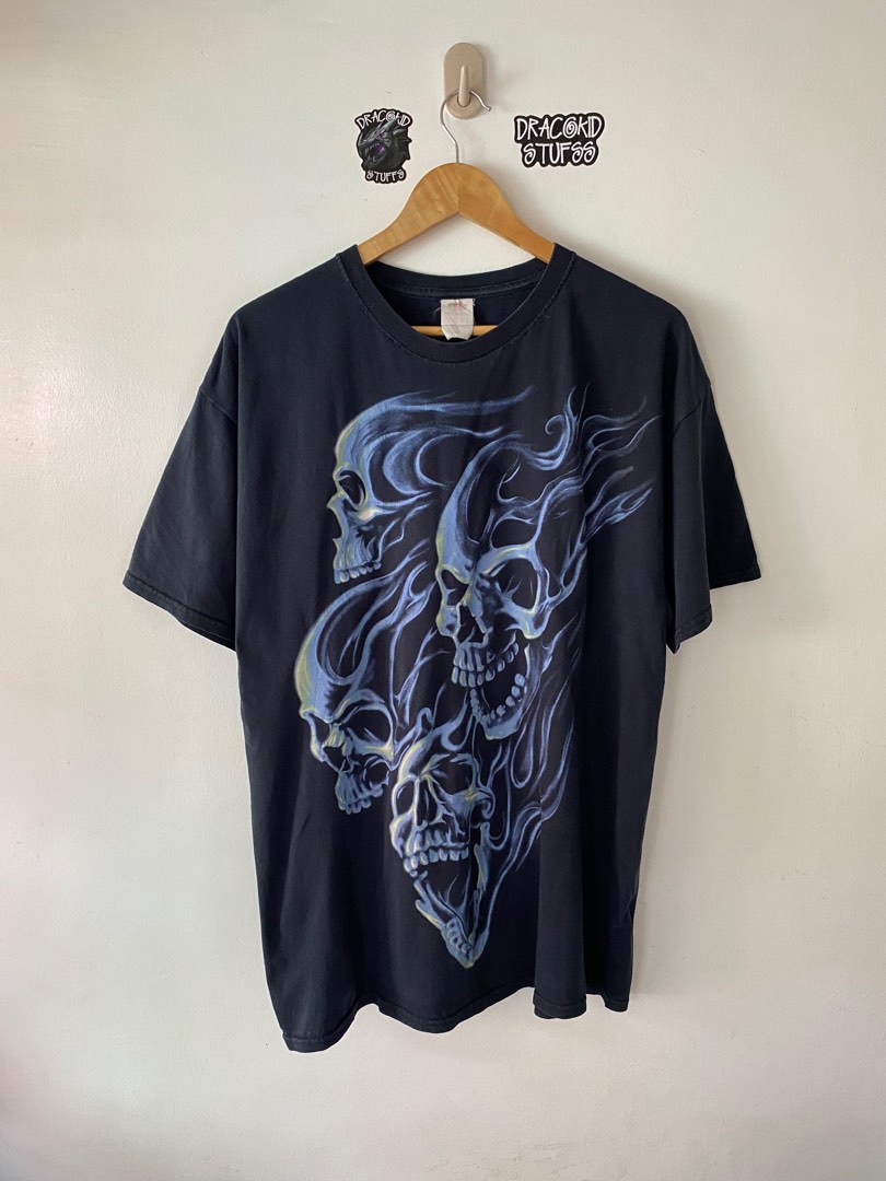 Vintage 90s Flaming Skulls Glow In The Dark Shirt, Men's Fashion, Tops ...