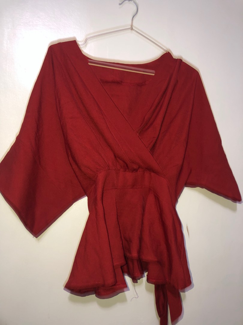 Wrap around design red top, Women's Fashion, Tops, Blouses on Carousell