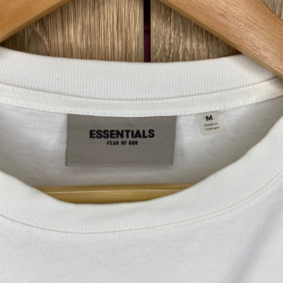 Fear of God Essentials SS20 White 3D Applique Tee, Men's Fashion, Tops ...