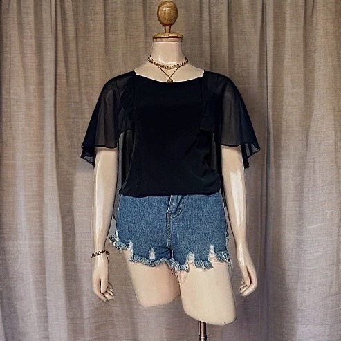 KOREAN BLACK TOP (CHIFFON SEE-THROUGH SLEEVE), Women's Fashion, Tops ...