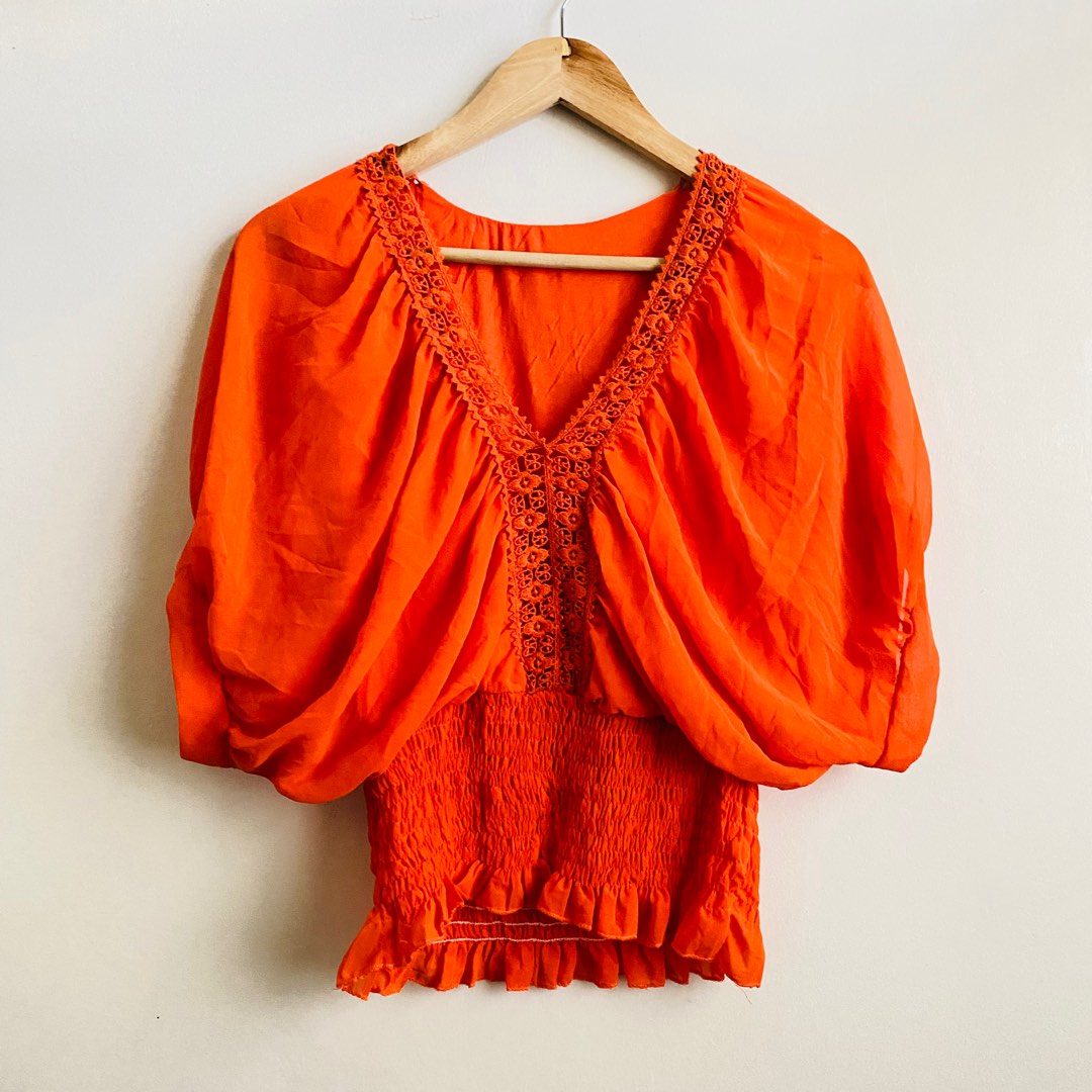 Red Orange Smocked Waist Top, Women's Fashion, Tops, Blouses on Carousell