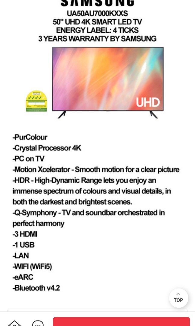 SAMSUNG TV 50 inch UHD 4k Smart Tv Cu7000 2023 Model, TV & Home ...