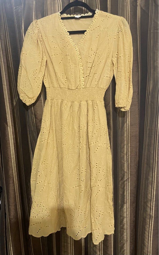 Yellow Eyelet Dress, Women's Fashion, Dresses & Sets, Dresses on Carousell