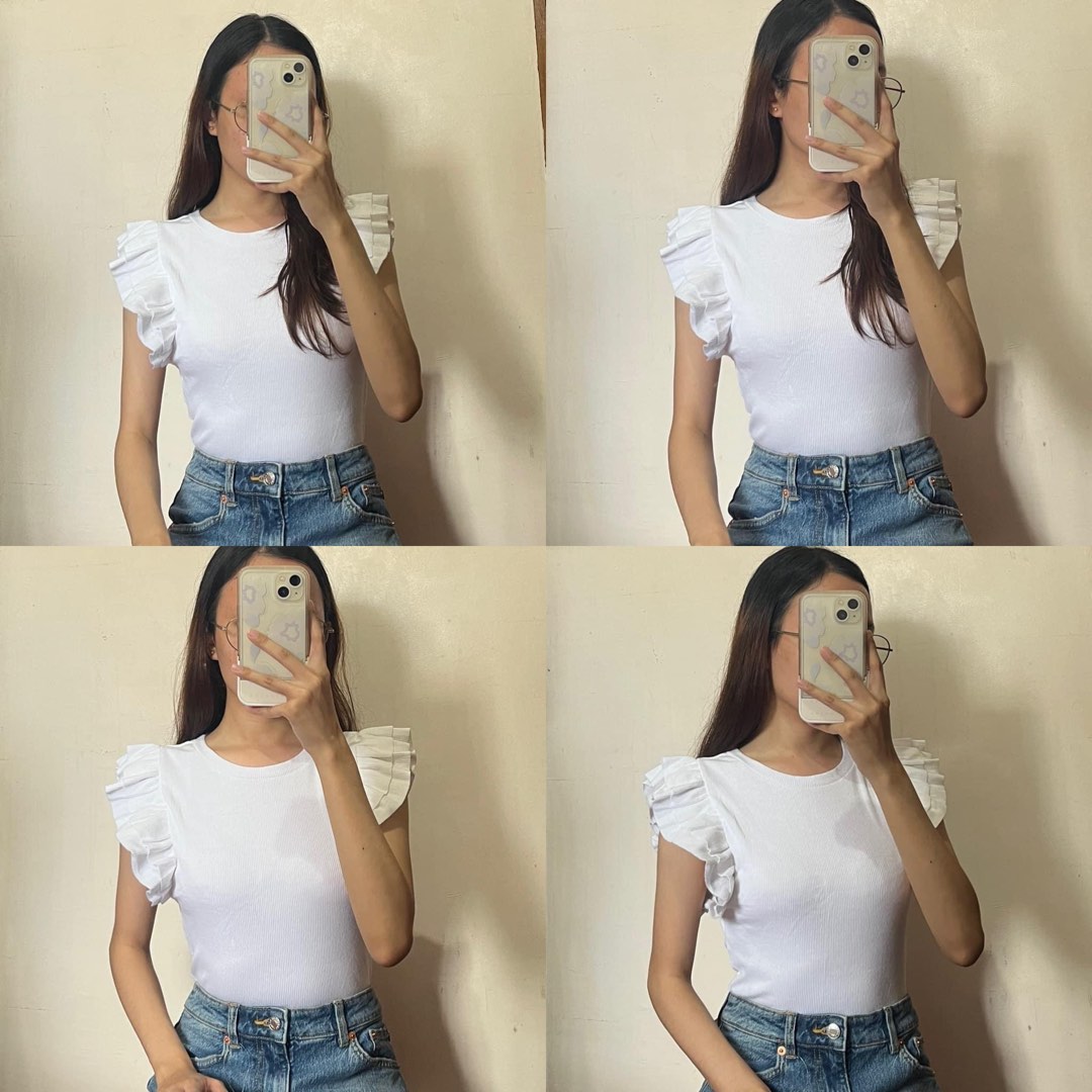 zara white ruffle top, Women's Fashion, Tops, Sleeveless on Carousell