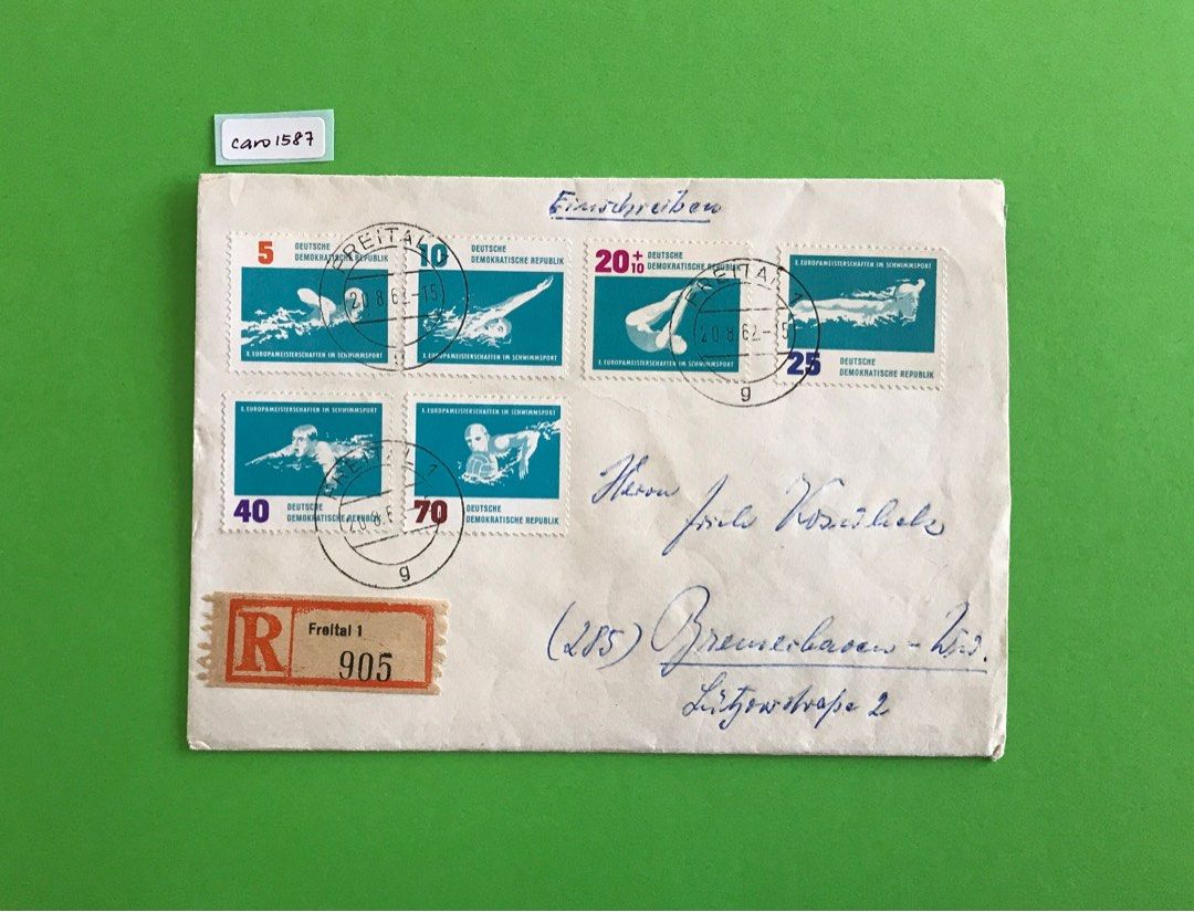 1962 East Germany DDR registered mail 905, European Swimming ...