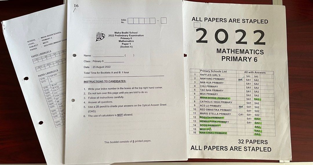 2022 Maths PSLE Preliminary papers (6 schools), Hobbies & Toys, Books ...