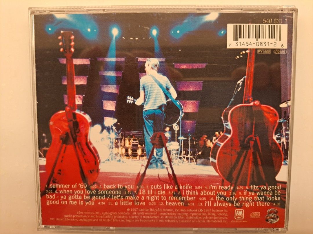 BRYAN ADAMS - UNPLUGGED. Live album. 1997 badman Ltd/ A&M Records. Made in the UK by Universal ...