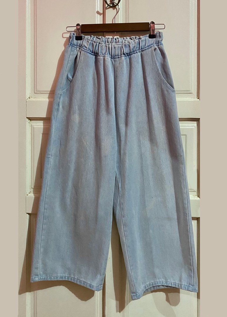 Garterized Wide Leg Pants, Women's Fashion, Bottoms, Jeans on Carousell