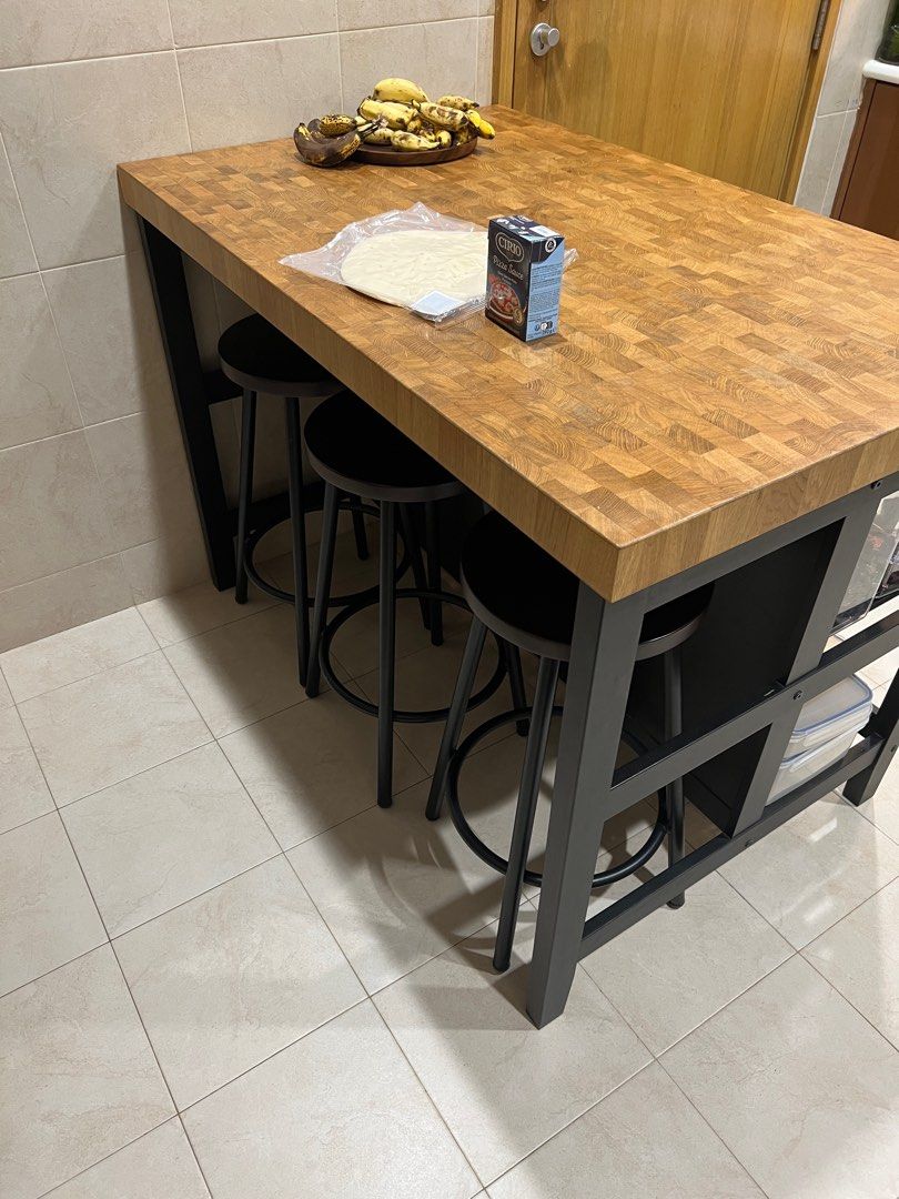 IKEA - KITCHEN ISLAND - VADHOLMA with 3 stools, Furniture & Home Living ...