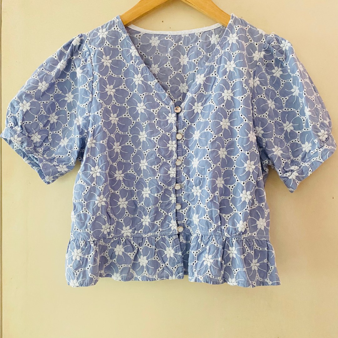 Light Blue Eyelet Top, Women's Fashion, Tops, Blouses on Carousell