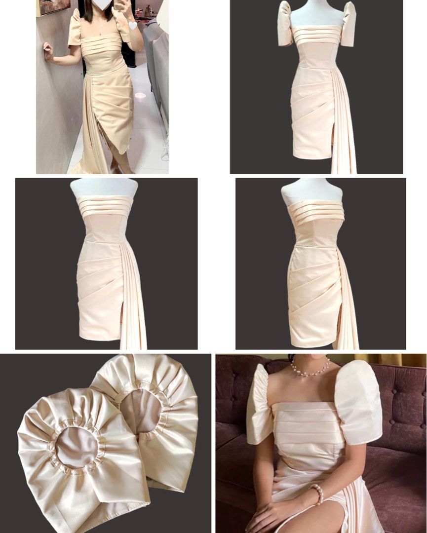 MODERN FILIPINIANA MIDI TUBE GOWN DRESS PENCIL SKIRT DUCHESS WITH TRAIL IN NUDE BEIGE CREAM ...