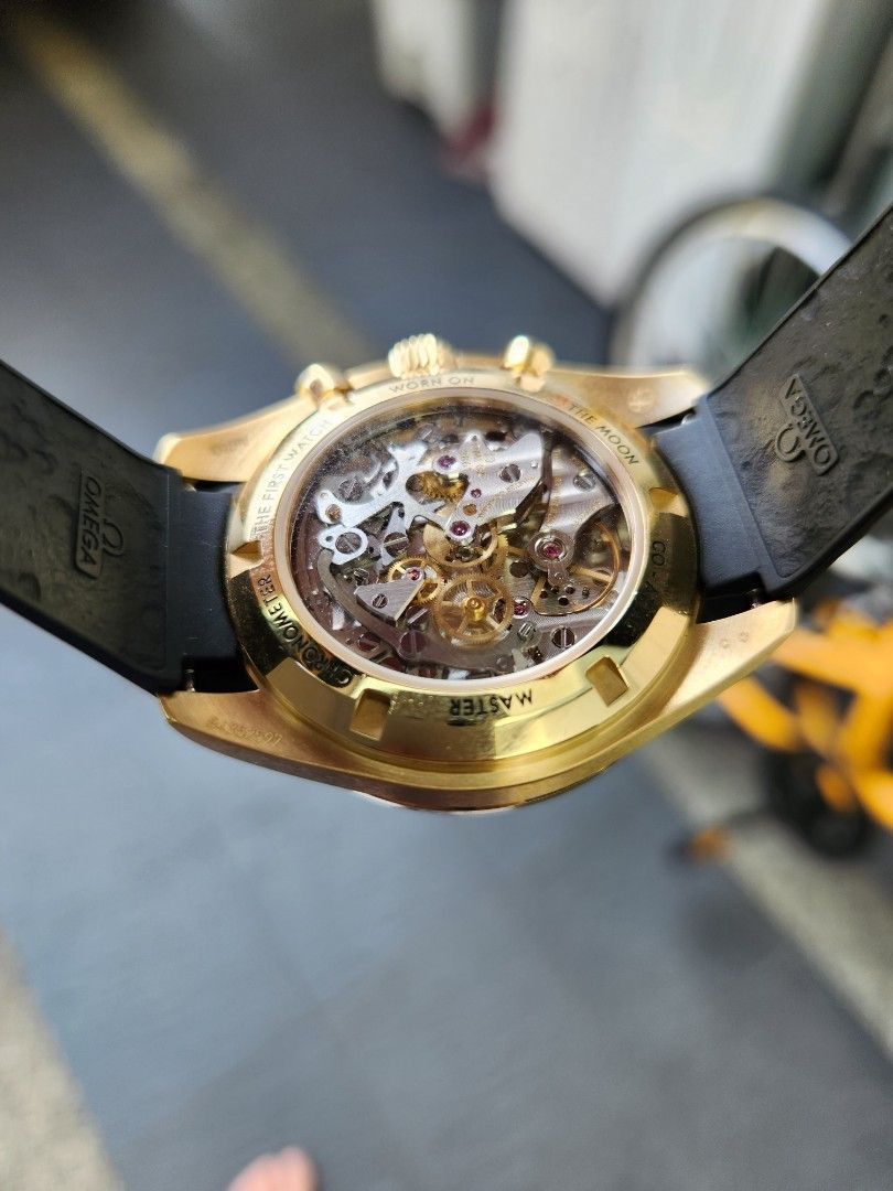 Omega Speedmaster 3861 Moonwatch Moonshine Gold 18K Rubber Strap “Gold ...