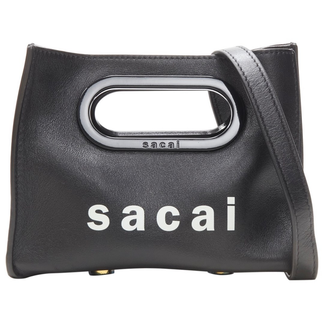 SACAl black leather white logo print crossbody micro shopper tote bag ...