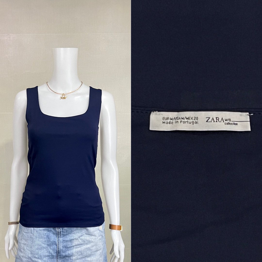 Zara Square Neck Navy Blue, Women's Fashion, Tops, Sleeveless on Carousell
