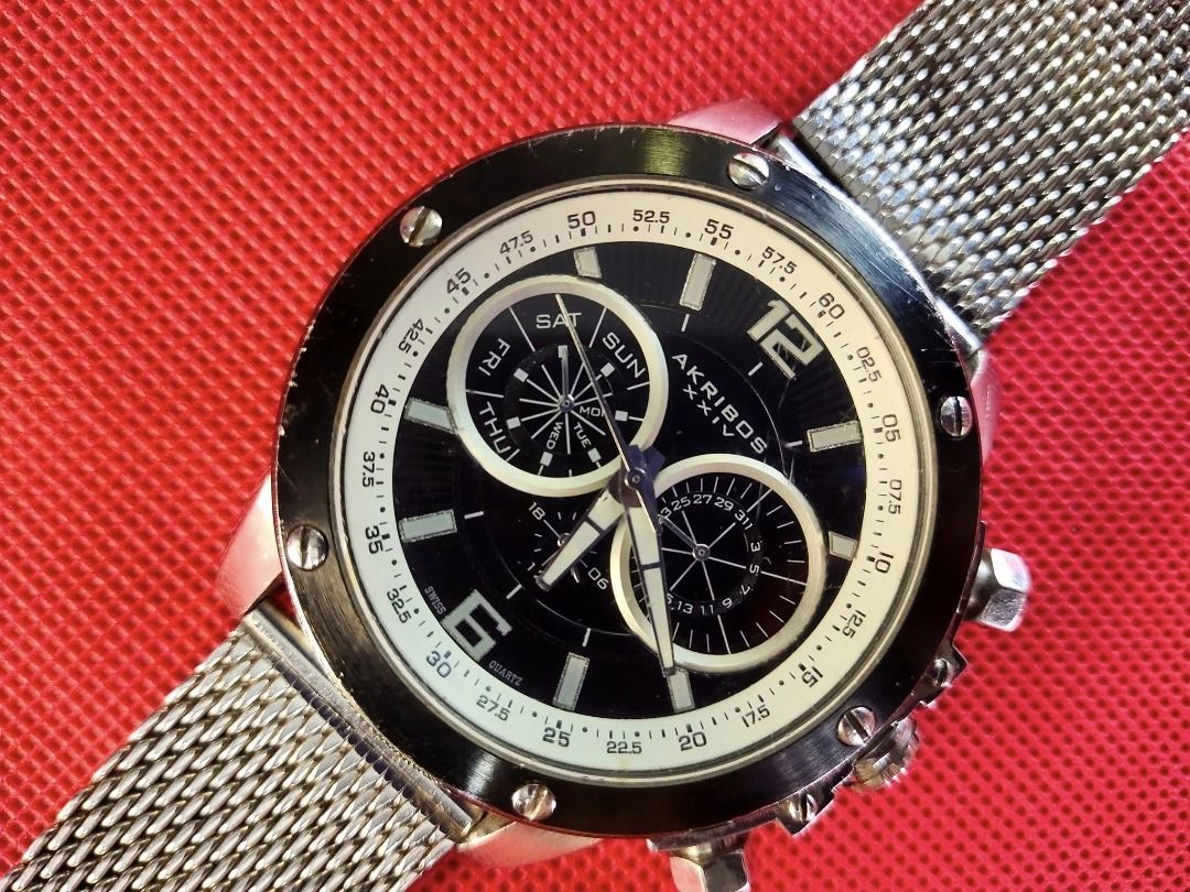 Akribos AK515SSB Conqueror Men's Watch 50mm Stainless Steel Mesh Quartz ...