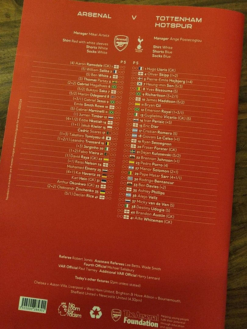 Arsenal vs Spurs Match Day Program, Hobbies & Toys, Books & Magazines ...