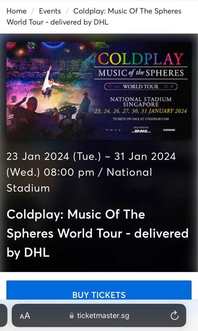 Coldplay 31st Tickets x1, Tickets & Vouchers, Event Tickets on Carousell