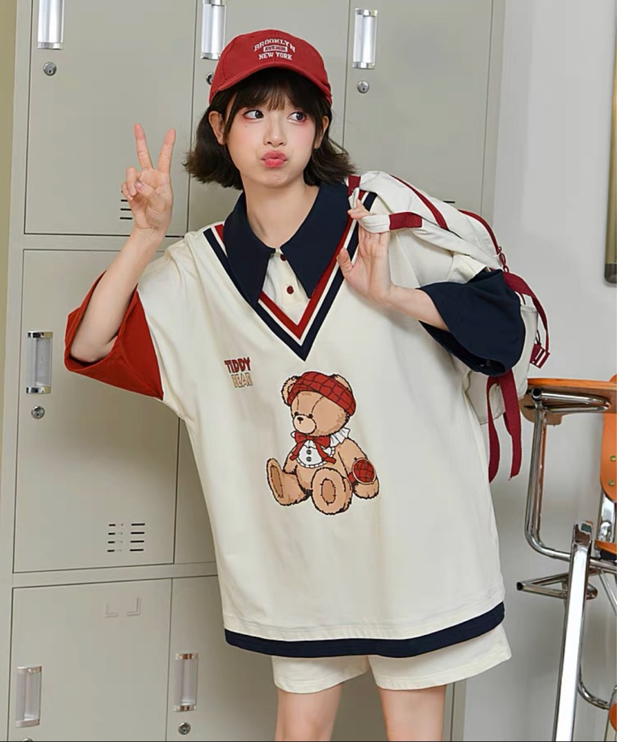 Cute Oversized Sporty Beige Bear Set Womens Fashion Dresses And Sets Sets Or Coordinates On