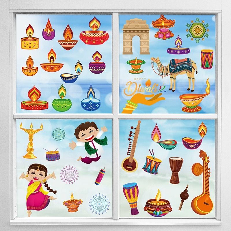 Diwali Glass Window Decals Deepavali Window Clings Stickers Static ...