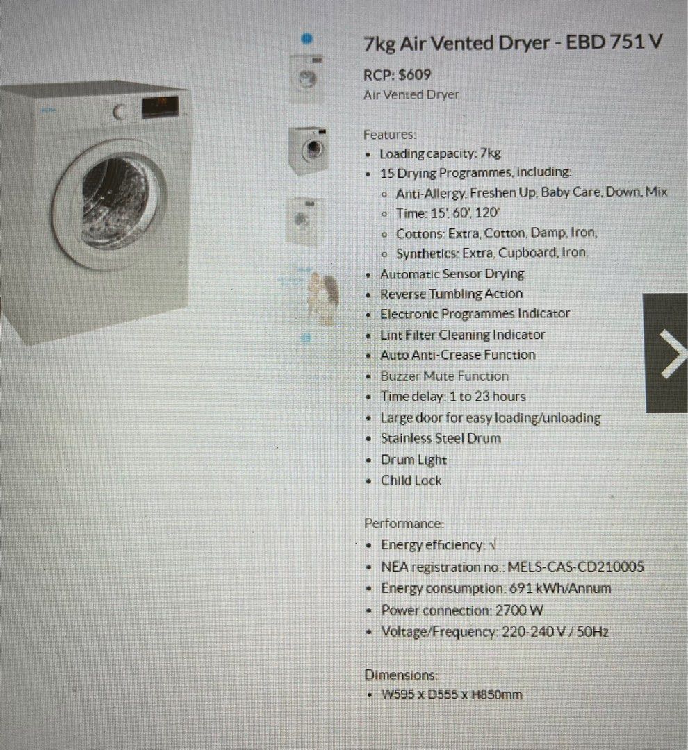 Elba EBD 751V Air-Vent Dryer 7 kg, TV & Home Appliances, Washing ...