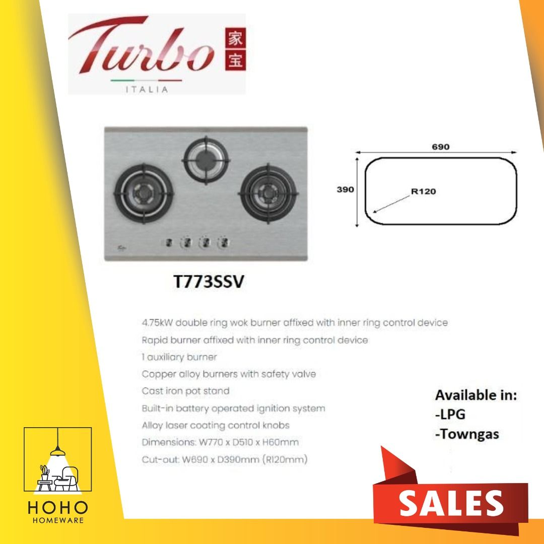 (FREE Installation) Turbo Incanto T773SSV 77cm 3 burners Built-in Stainless Steel Gas Hob, TV ...