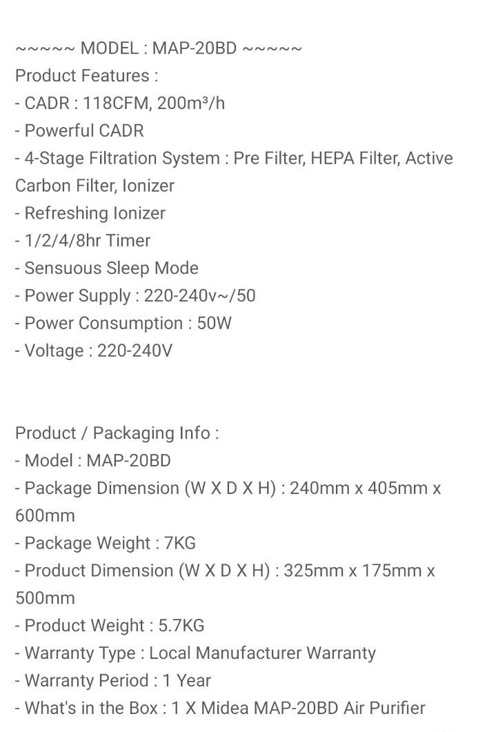 Midea Air Purifier, TV & Home Appliances, Air Purifiers & Dehumidifiers on Carousell