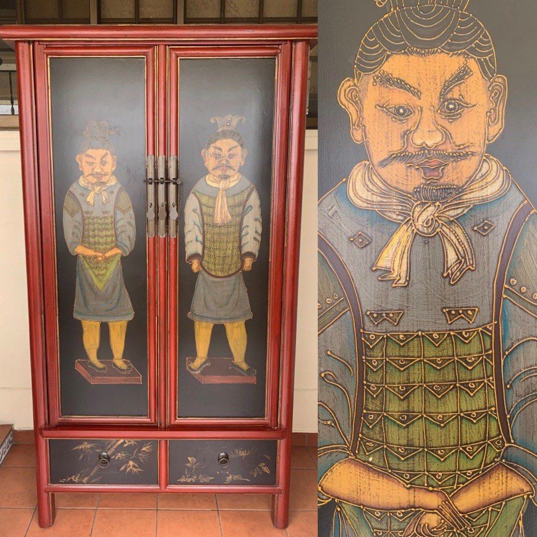 Orient Terracotta Warrior Cabinet Triple Pin Loop Red Lacque Elmwood Msrp $2k!, Furniture & Home ...