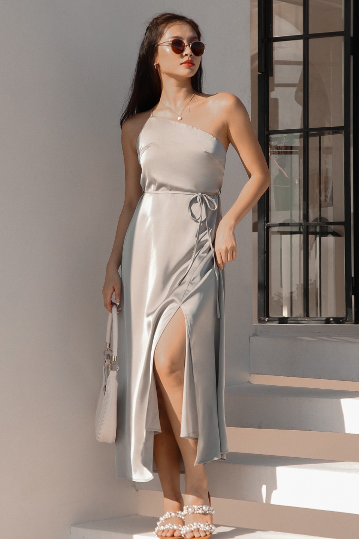 Serenity Satin Toga in Muted Pistachio, Women's Fashion, Dresses & Sets, Dresses on Carousell
