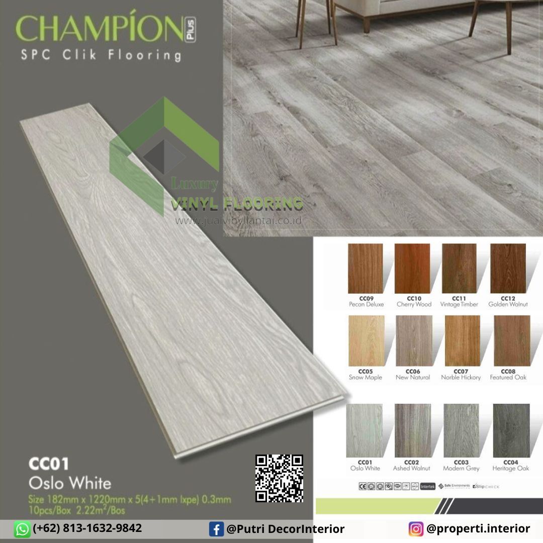 Spc flooring Champion type CC01-Oslo White tebal 5mm uk.18,2cm x 1,22m, Perabotan Rumah di Carousell