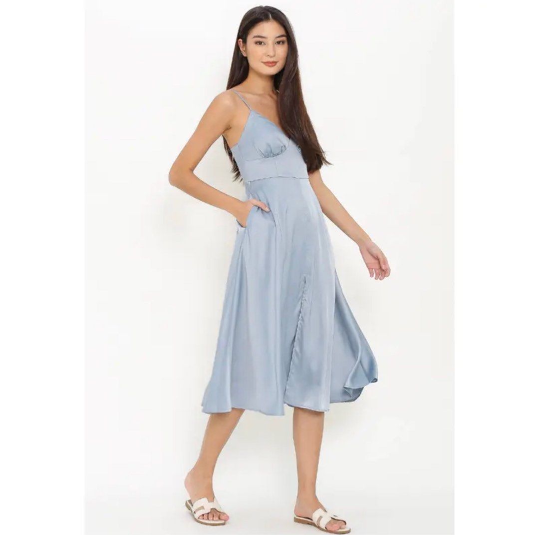 SPG SELINA SLIT MAXI PADDED ROMPER DRESS SAGE BLUE, Women's Fashion ...