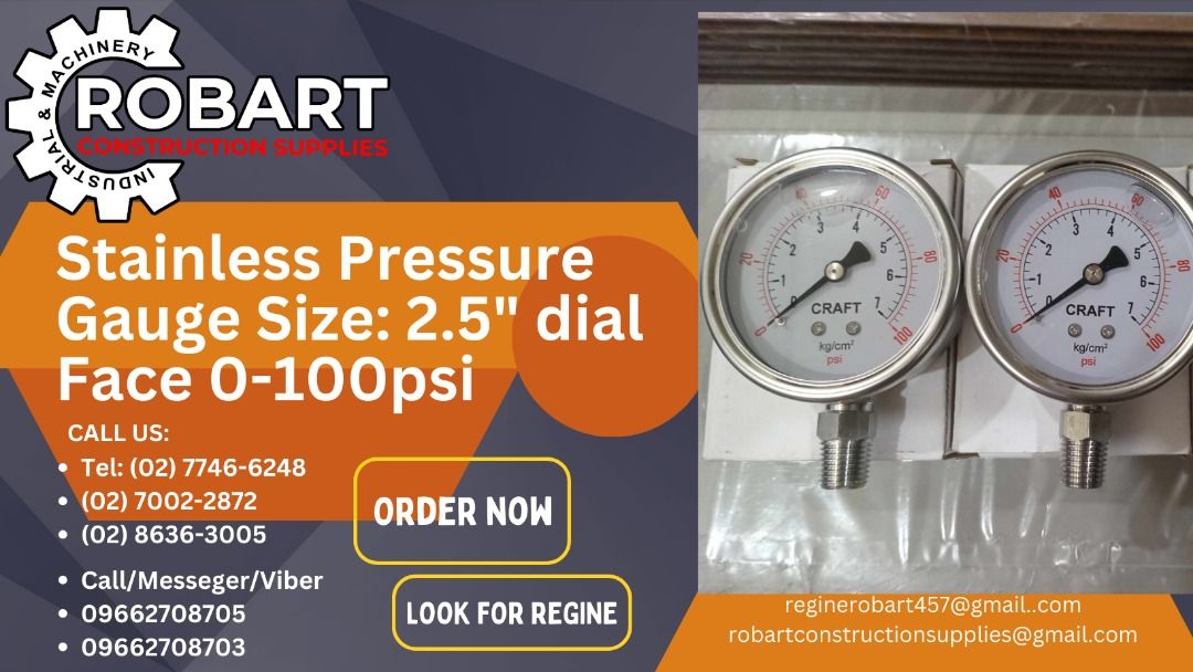 Stainless Pressure Gauge Size: 2.5" dial Face 0-100psi, Commercial ...