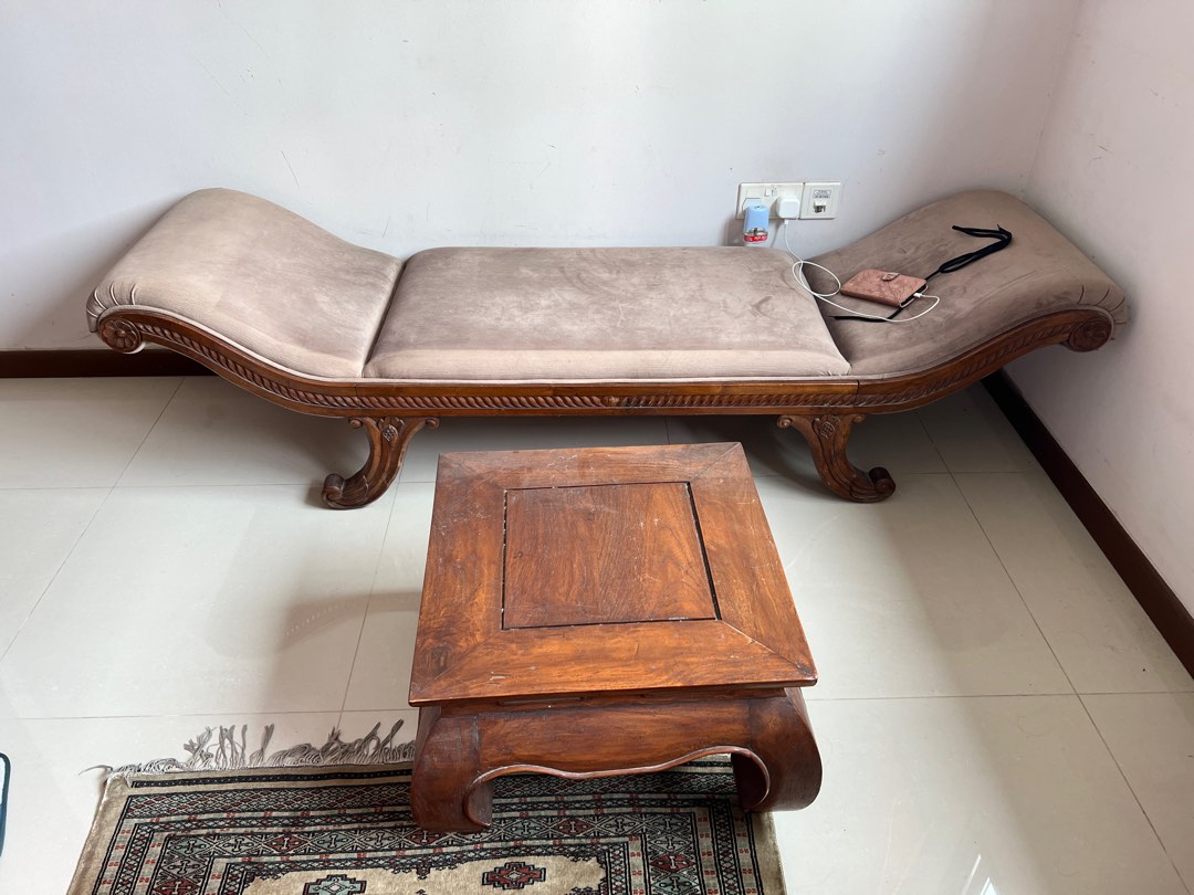 Teak Balinese Style Bench with Upholstered Cushion with side table ...
