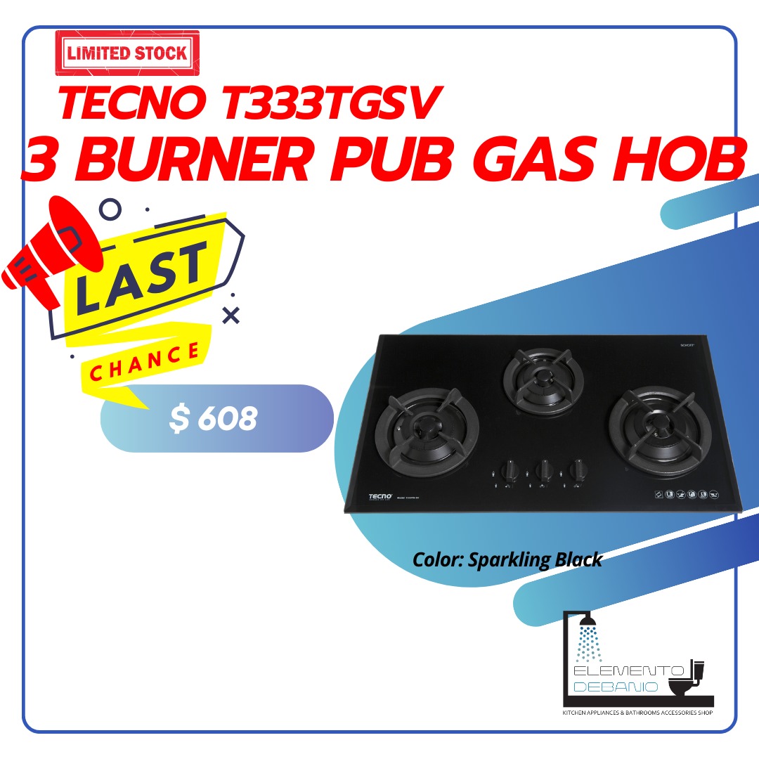 TECNO T333TGSV GLASS HOB 3-Burner 90cm Tempered Glass Cooker Hob (pub ...