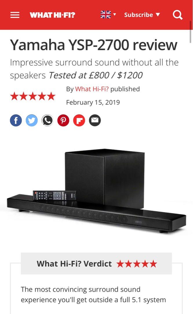 Yamaha YSP 2700 | 7.1 Soundbar (Dolby|DTS-HD|Cinema DSP etc), Audio, Soundbars, Speakers ...