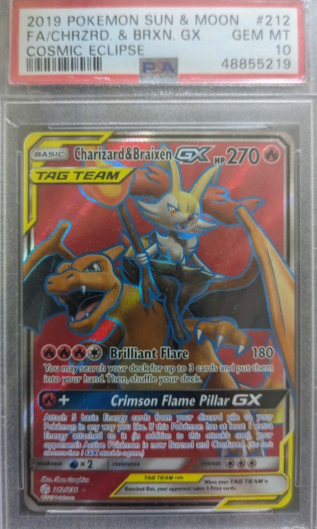 2019 Pokemon Sun & Moon #212 Full Art Charizard & Braixen GX Cosmic Eclipse PSA 10 Gem Mint ...