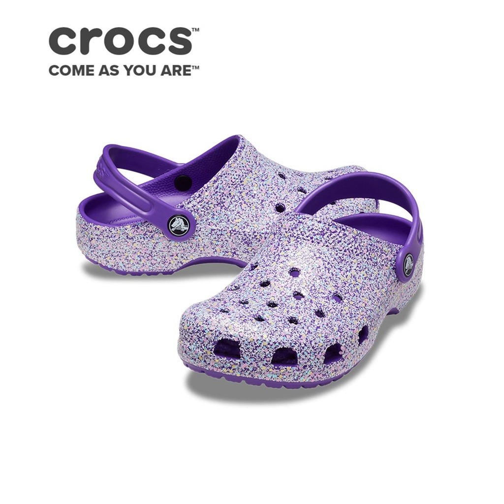 Crocs Kids Classic Glitter Clog in (Neon Purple Multi, Multi Black ...