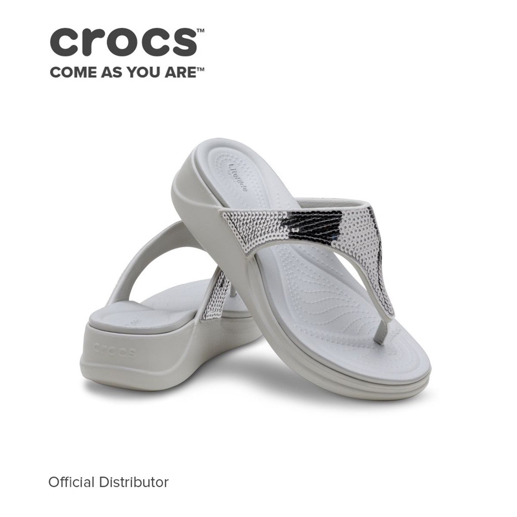 Crocs Women's Boca Sequin Wedge Flip in Pearl White Silver, Women's ...