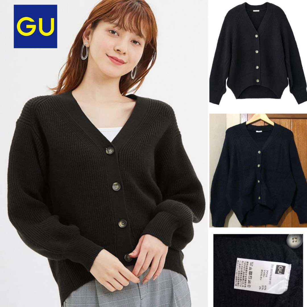GU By Uniqlo Cardigan Outer Knit V neck Black Crop S, Fesyen Wanita ...