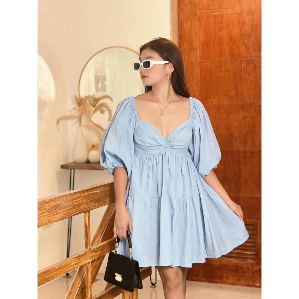 Light Blue Baby Blue Bustier Mini Puff Sleeve Babydoll Dress, Women's ...