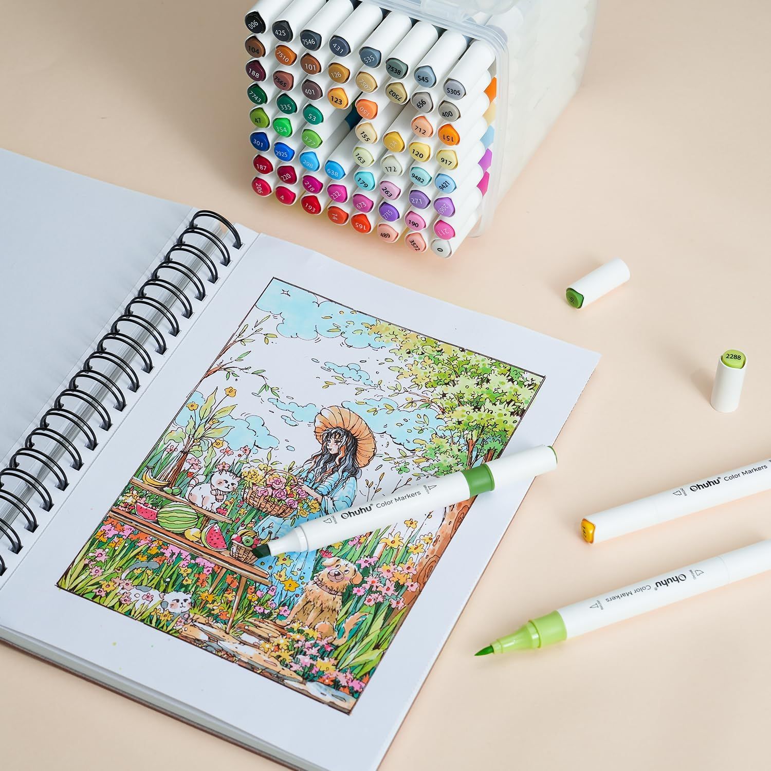 Ohuhu Markers for Adult Coloring Books: 64 Colors Brush Pens Dual Brush ...