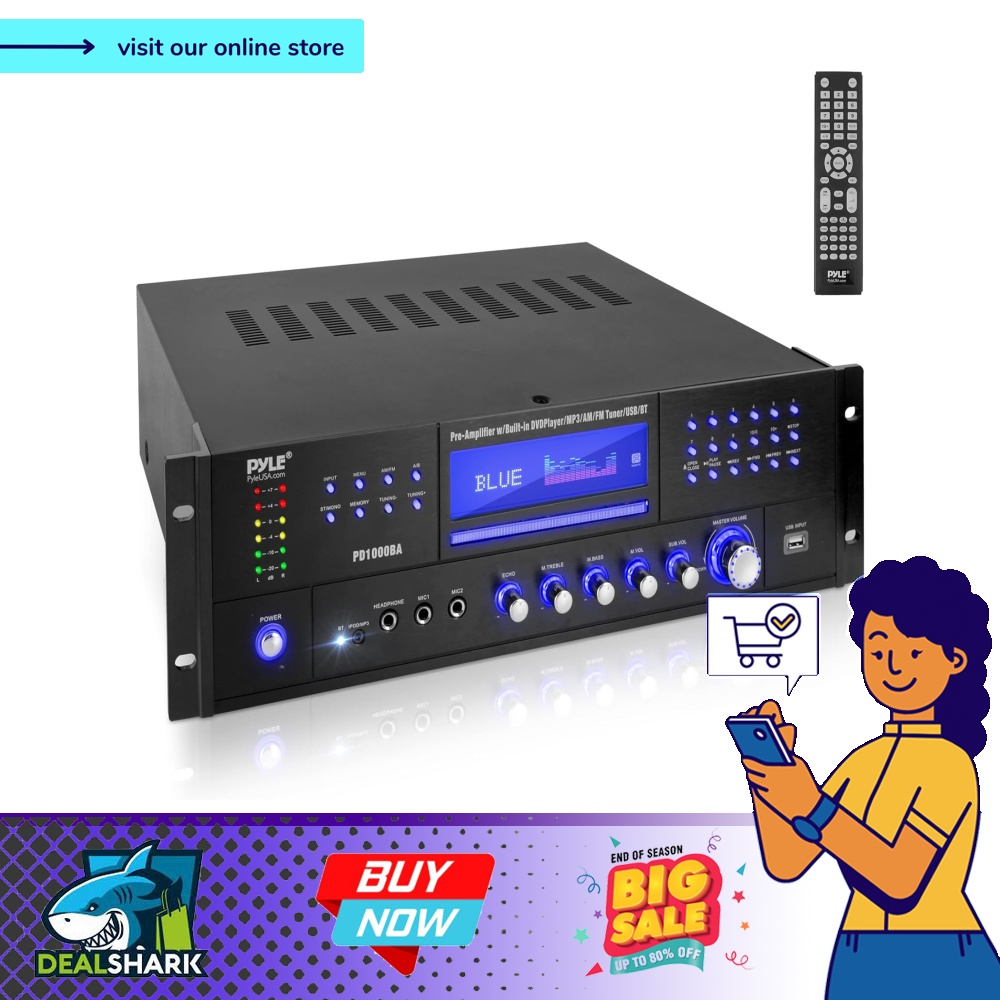 Pyle 4-Channel Wireless Bluetooth Power Amplifier - 1000W Stereo Speaker Home Audio Receiver w ...