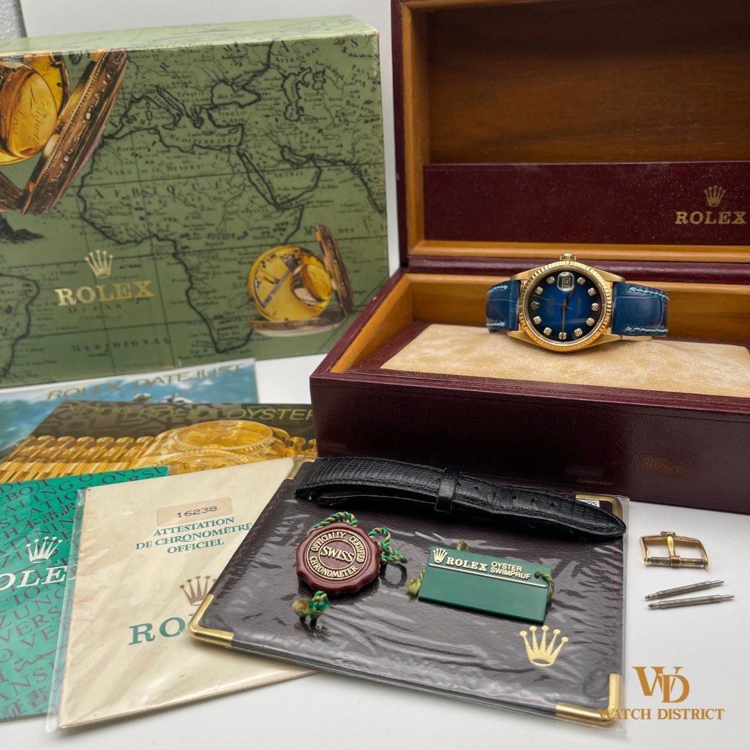 RARE 1989 FULL SET 36MM Rolex OP Datejust 10PT Big Diamond Blue ...