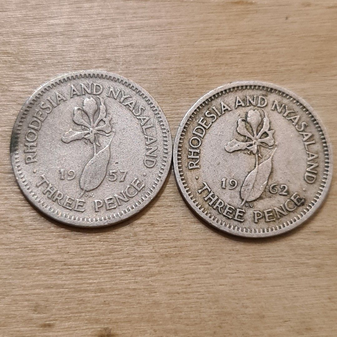 1957, 1962 Rhodesia and Nyasaland Queen Elizabeth II 3 Pence Coins ...